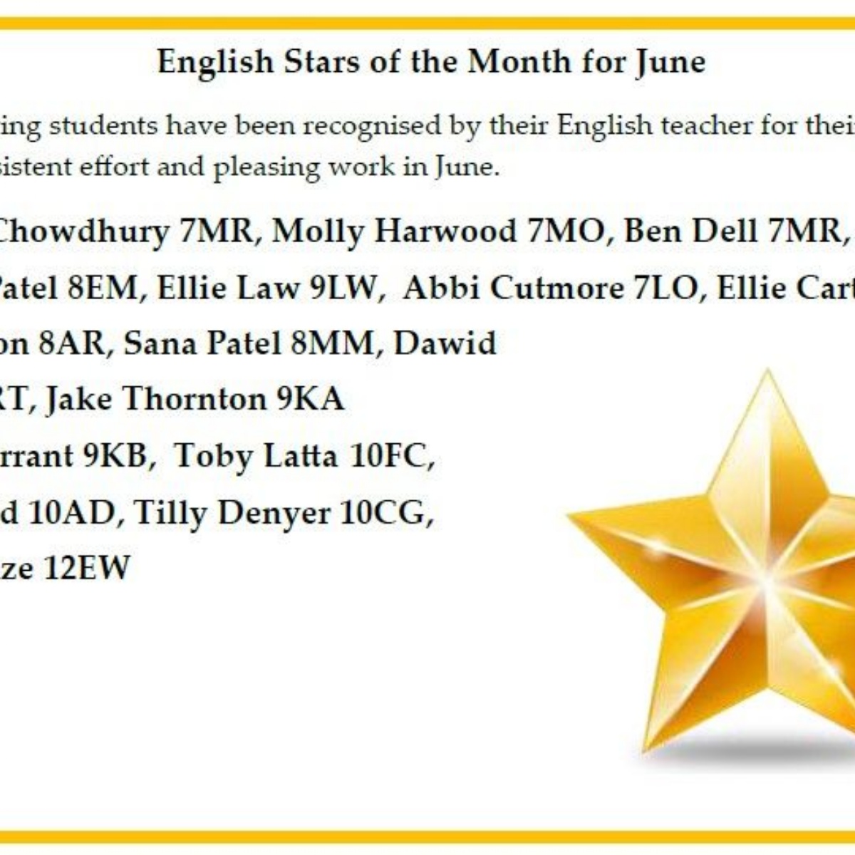 The Marlborough Science Academy - English Stars of the Month